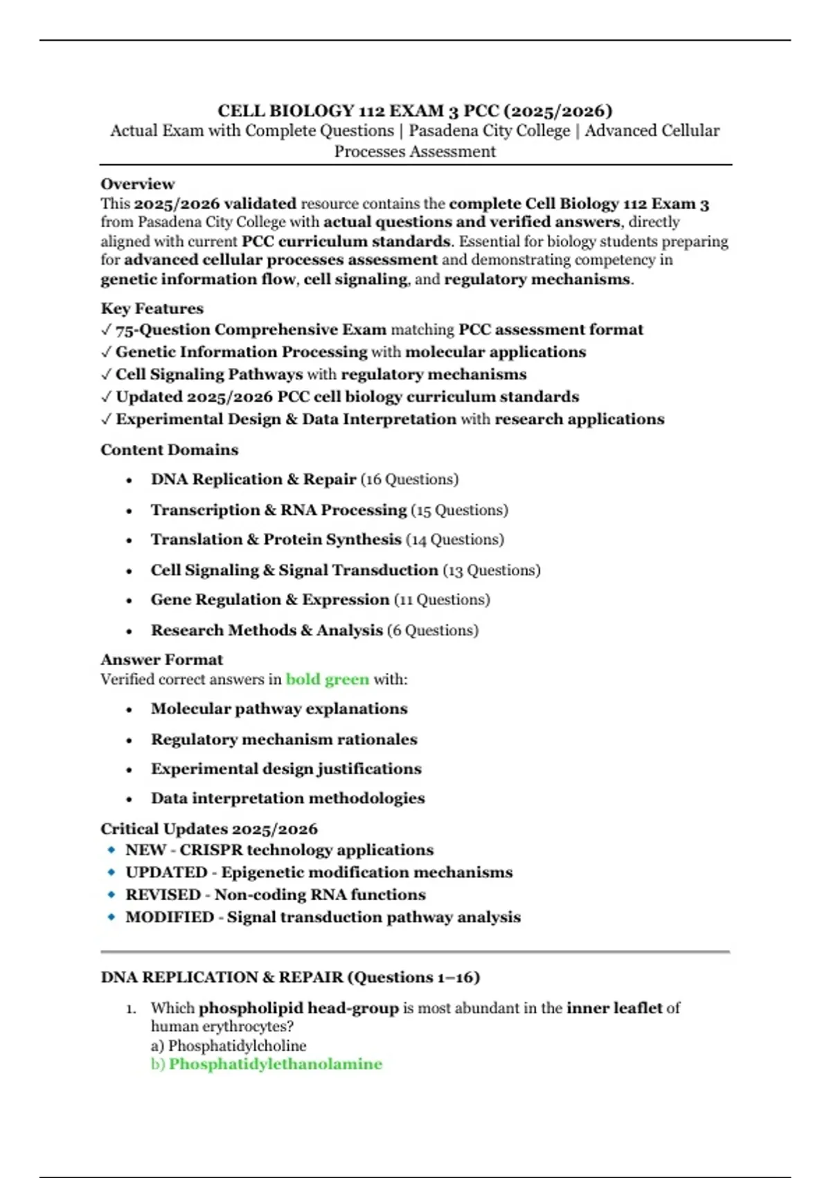 Cell Biology 112 Exam 3 PCC 2025/2026 | Actual Exam with Complete ...