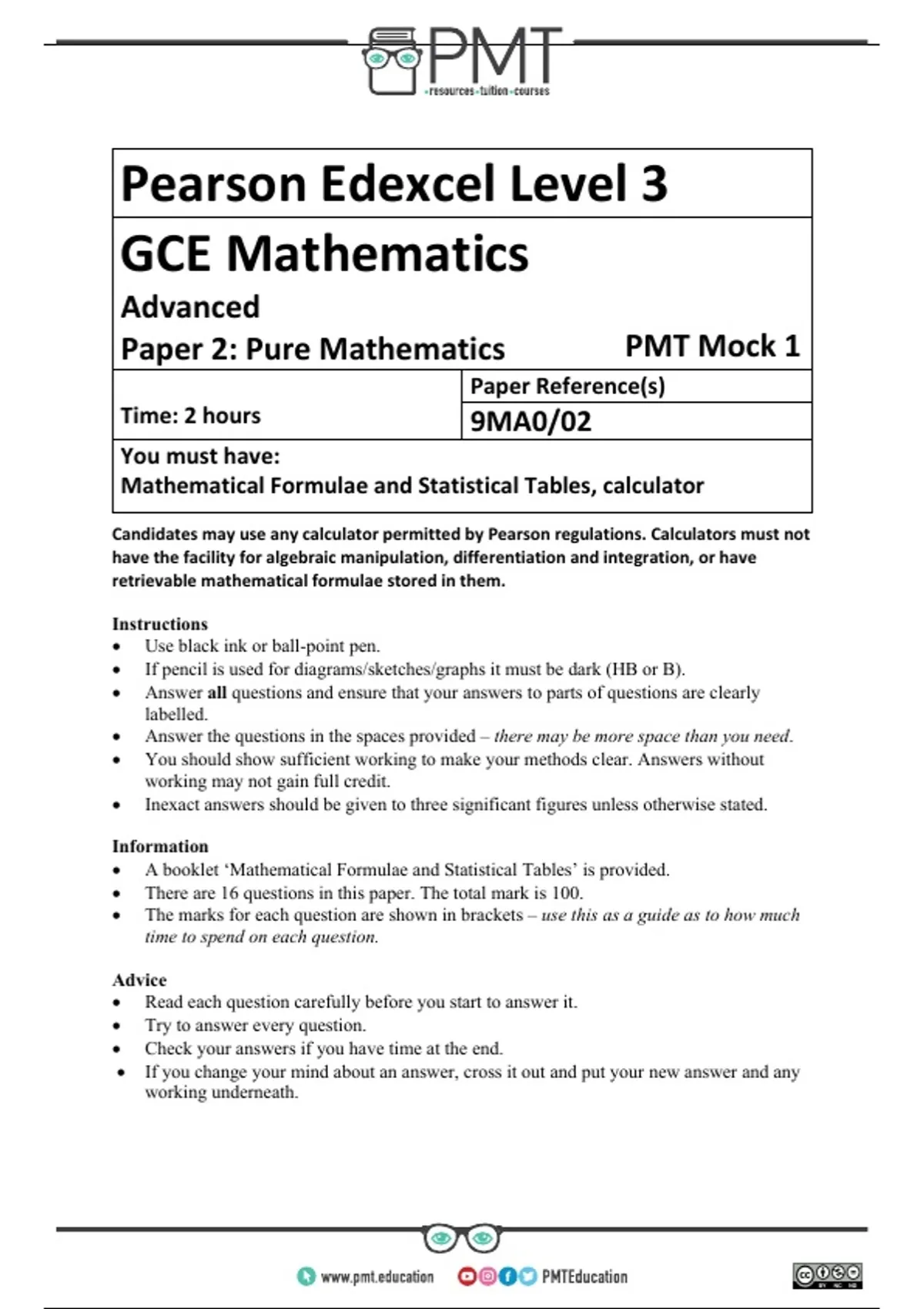 Pearson Edexcel A Level Mathematics 9MA0/02 Pure Mathematics PMT Mock 1 ...
