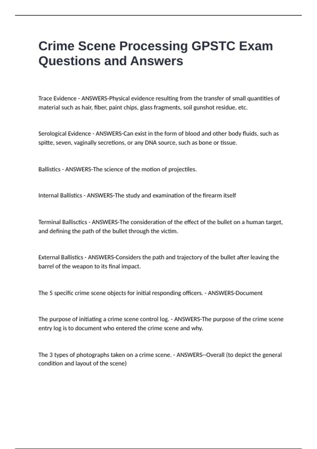 Crime Scene Processing GPSTC Exam Questions and Answers - Crime Scene ...