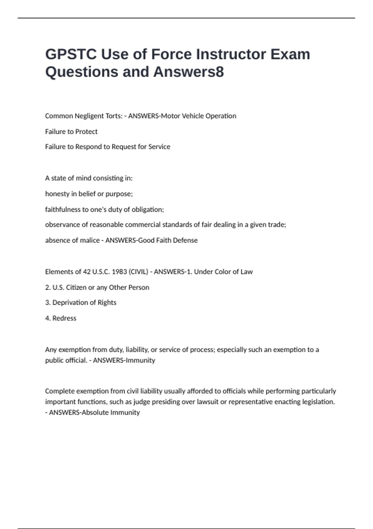 GPSTC Use of Force Instructor Exam Questions and Answers - GPSTC Use of ...