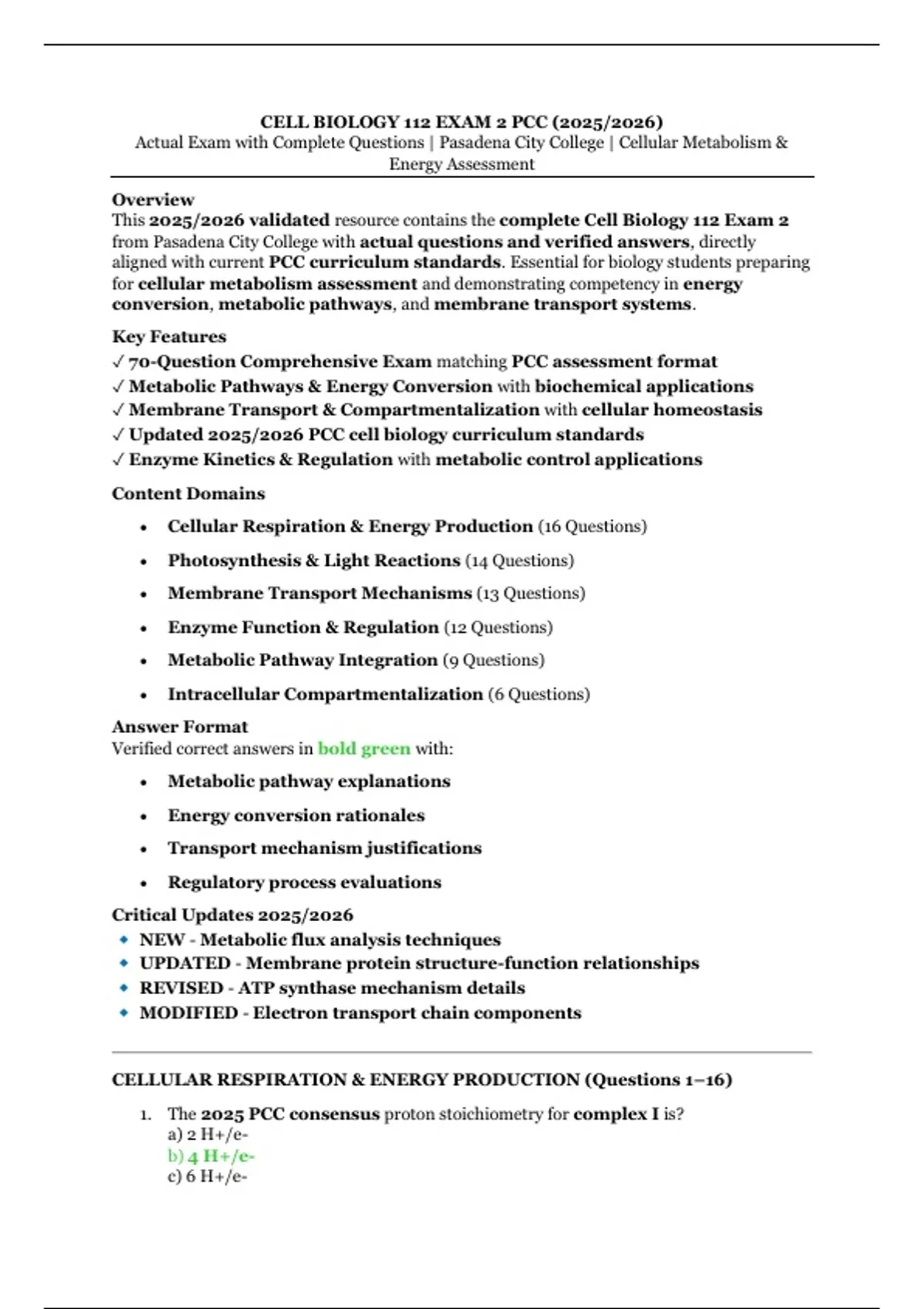 Cell Biology 112 Exam 2 PCC 2025/2026 | Actual Exam with Complete ...