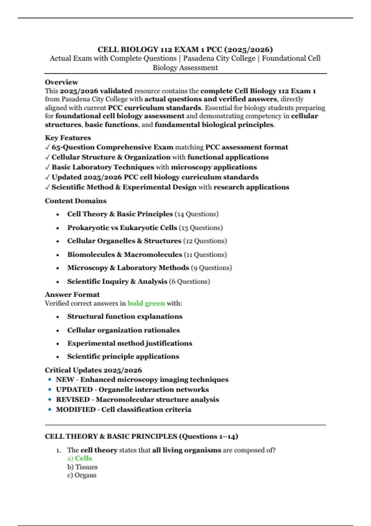 Cell Biology 112 Exam 1 PCC 2025/2026 | Actual Exam with Complete ...