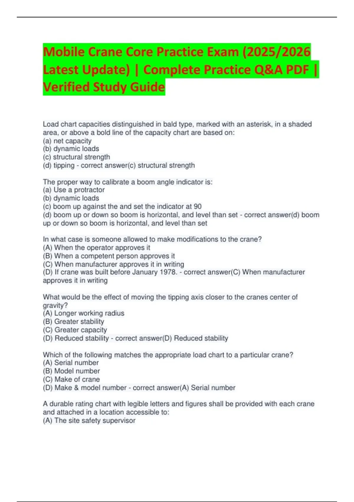 Mobile Crane Core Practice Exam (2025/2026 Latest Update) | Complete ...