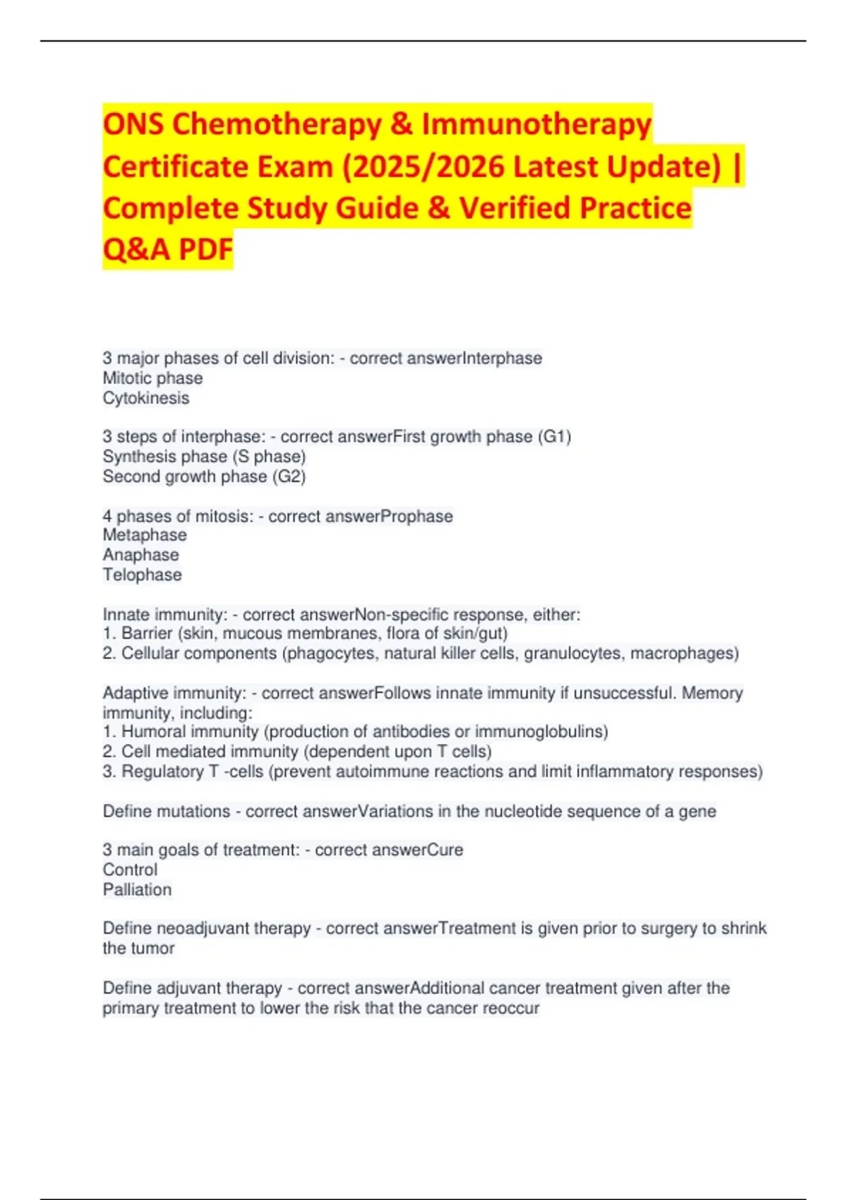 ONS Chemotherapy & Immunotherapy Certificate Exam (2025/2026 Latest ...