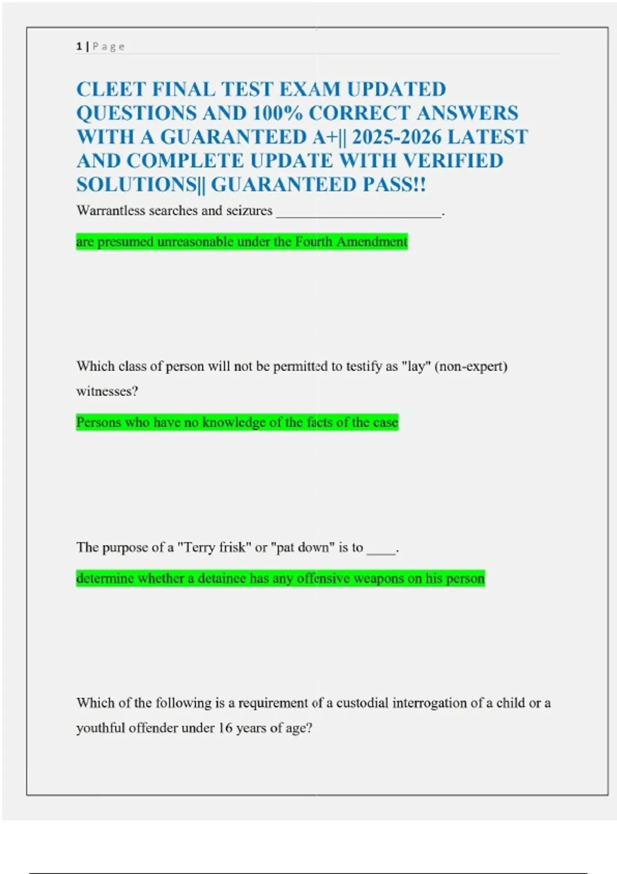 CLEET Final Test Exam – Updated Questions with 100- Correct Answers ...