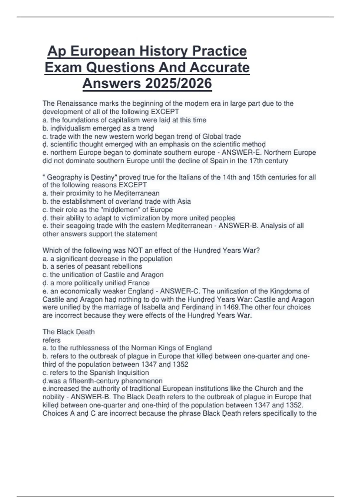 Ap European History Practice Exam Questions And Accurate Answers 2025/ ...