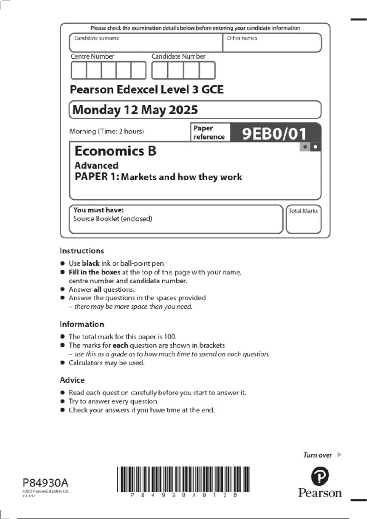 2025 Pearson Edexcel Level 3 GCE Economics B Advanced PAPER 1: Markets ...