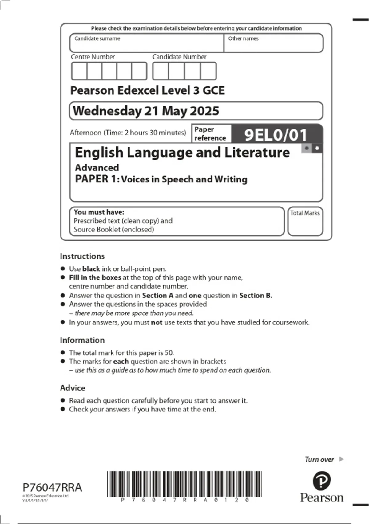 2025 Pearson Edexcel Level 3 GCE English Language and Literature ...