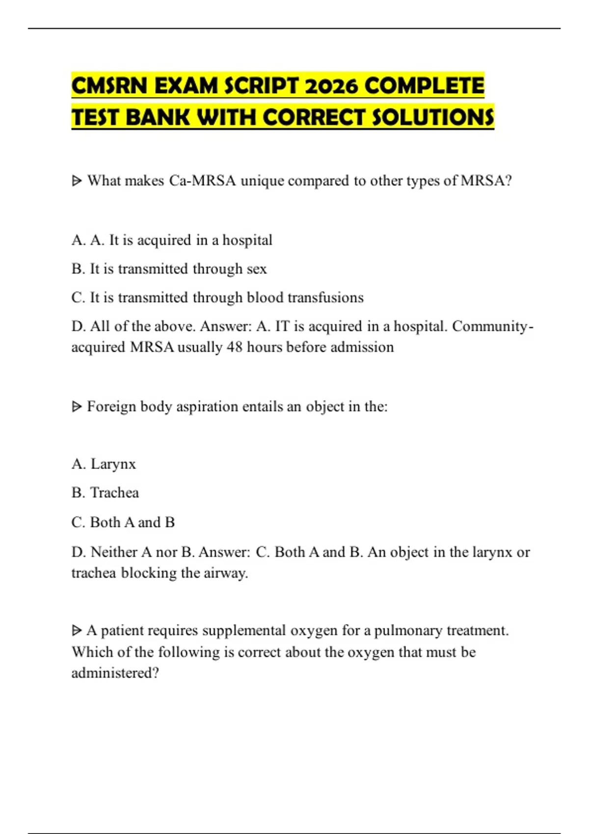 CMSRN EXAM SCRIPT 2026 COMPLETE TEST BANK WITH CORRECT SOLUTIONS ...