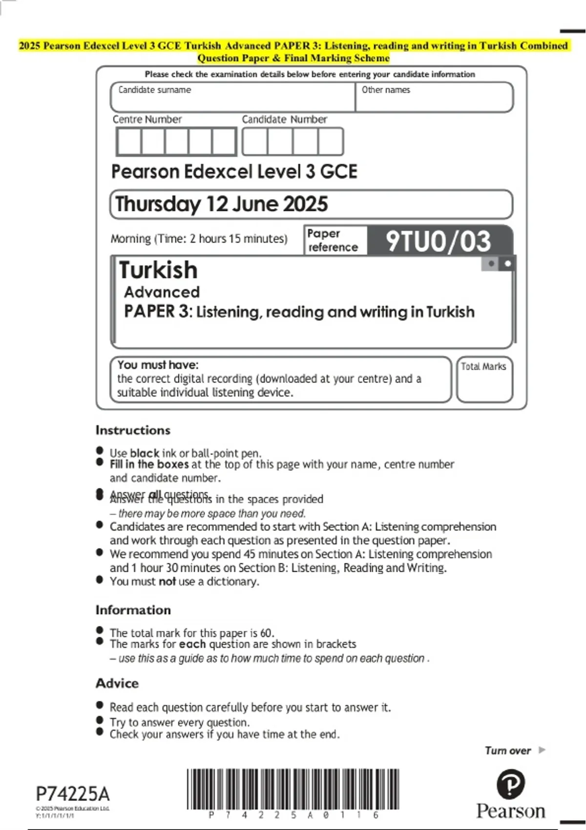 2025 Pearson Edexcel Level 3 GCE Turkish Advanced PAPER 3: Listening ...