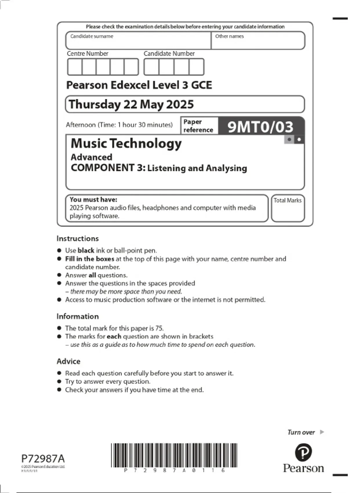 2025 Pearson Edexcel Level 3 Music Technology Advanced COMPONENT 3 ...