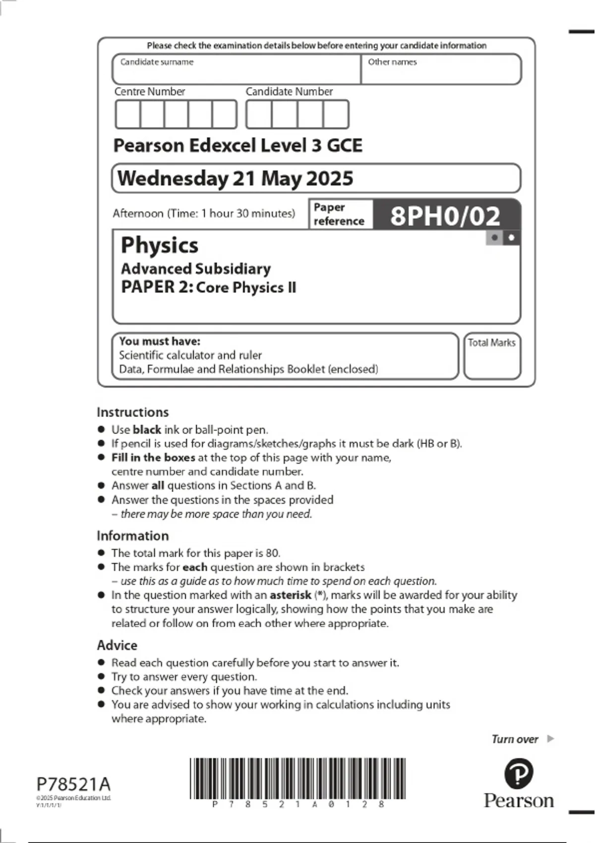 2025 Pearson Edexcel Level 3 GCE Physics Advanced Subsidiary PAPER 2 ...