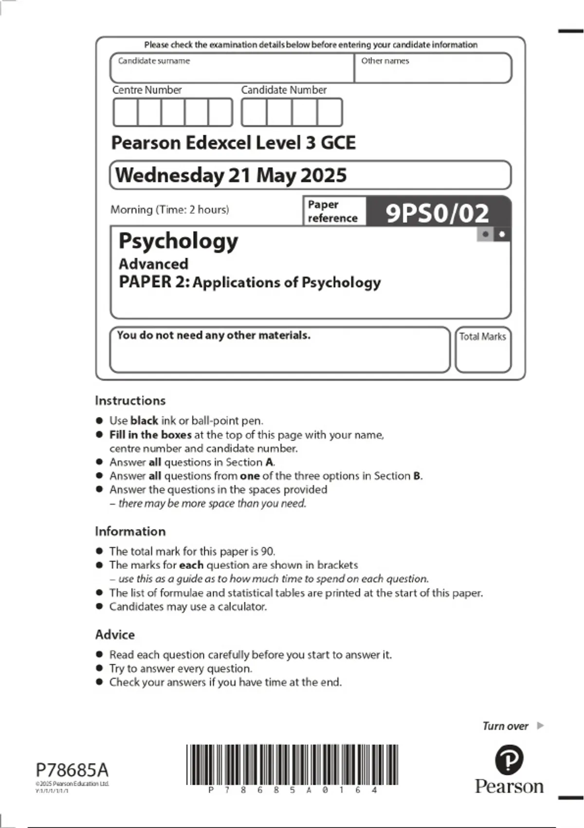 2025 Pearson Edexcel Level 3 GCE Psychology Advanced PAPER 2 ...