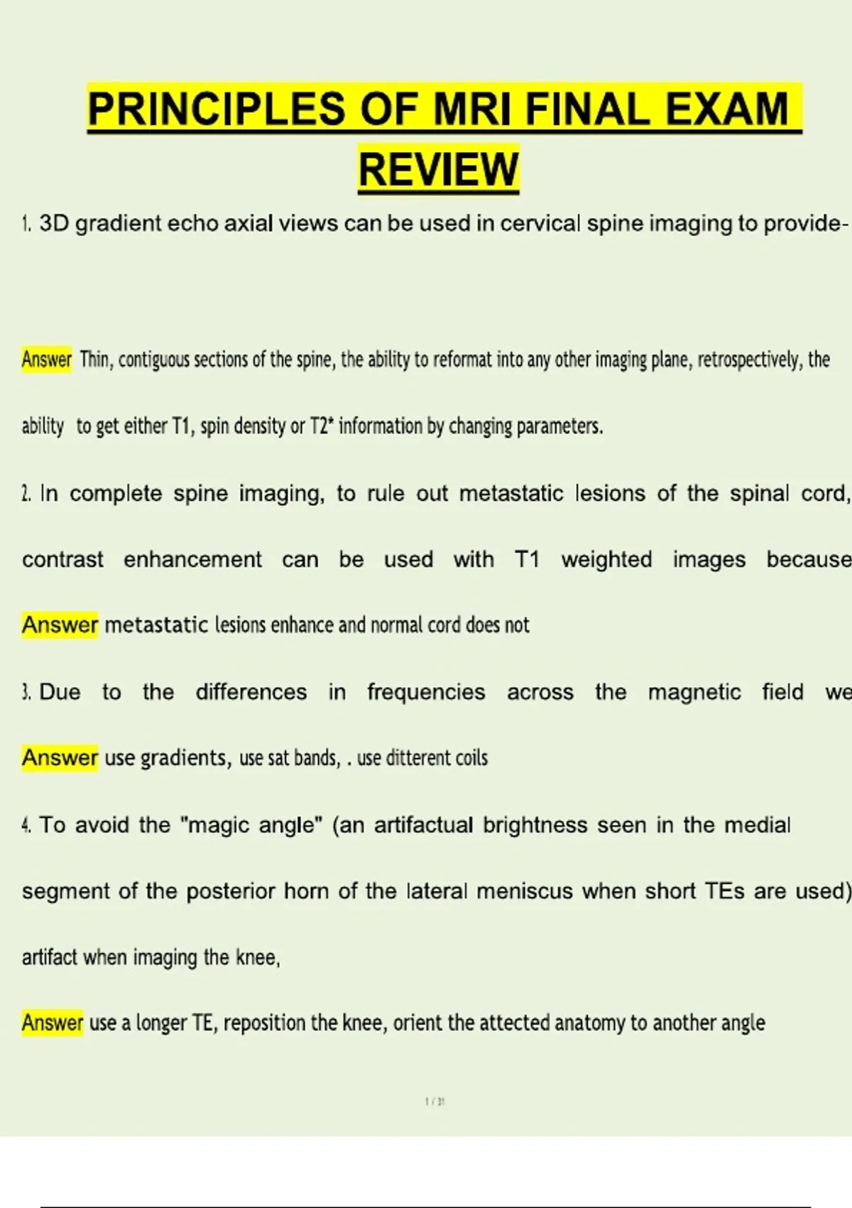 PRINCIPLES OF MRI FINAL EXAM 2024/2025 QUESTION AND ANSWER WITH REVIEW ...