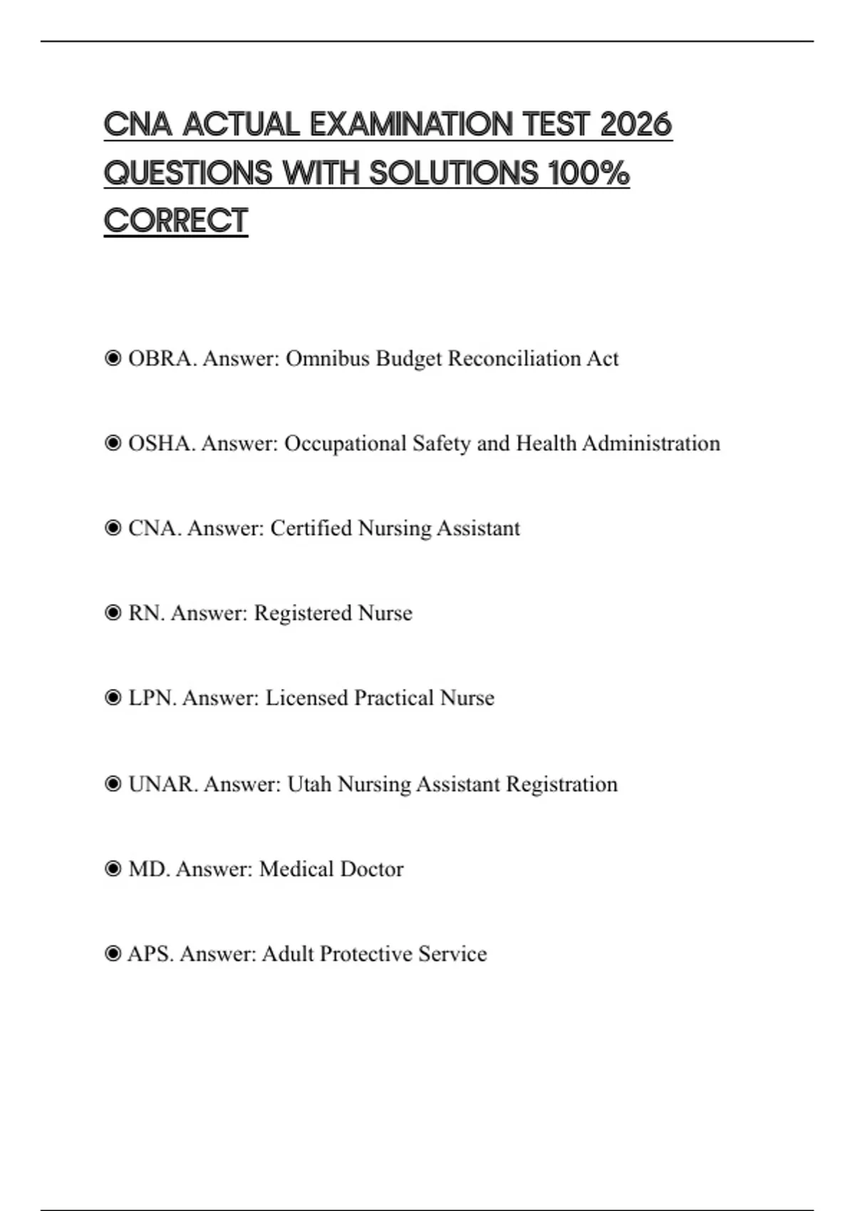 CNA ACTUAL EXAMINATION TEST 2026 QUESTIONS WITH SOLUTIONS 100% CORRECT ...
