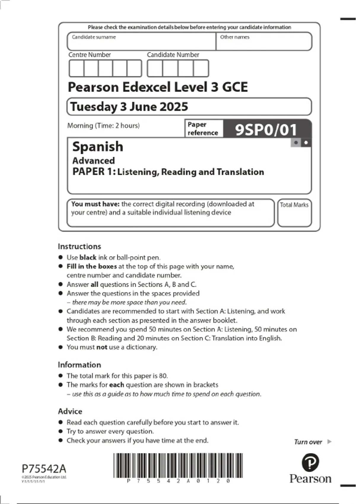 2025 Pearson Edexcel Level 3 GCE Spanish Advanced PAPER 1: Listening ...