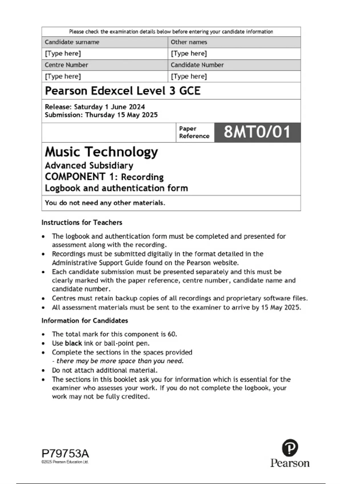 2025 Pearson Edexcel Level 3 GCE Music Technology Advanced Subsidiary ...