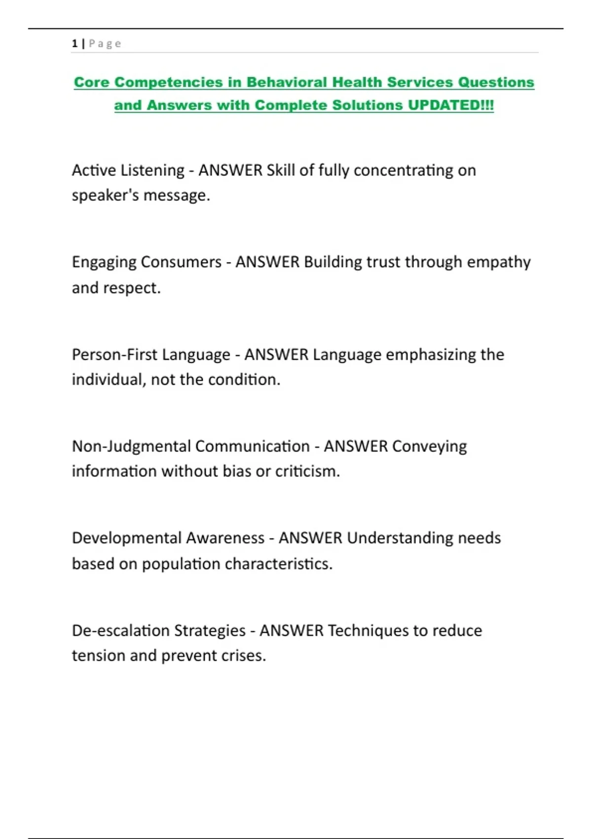 Core Competencies in Behavioral Health Services Questions and Answers ...