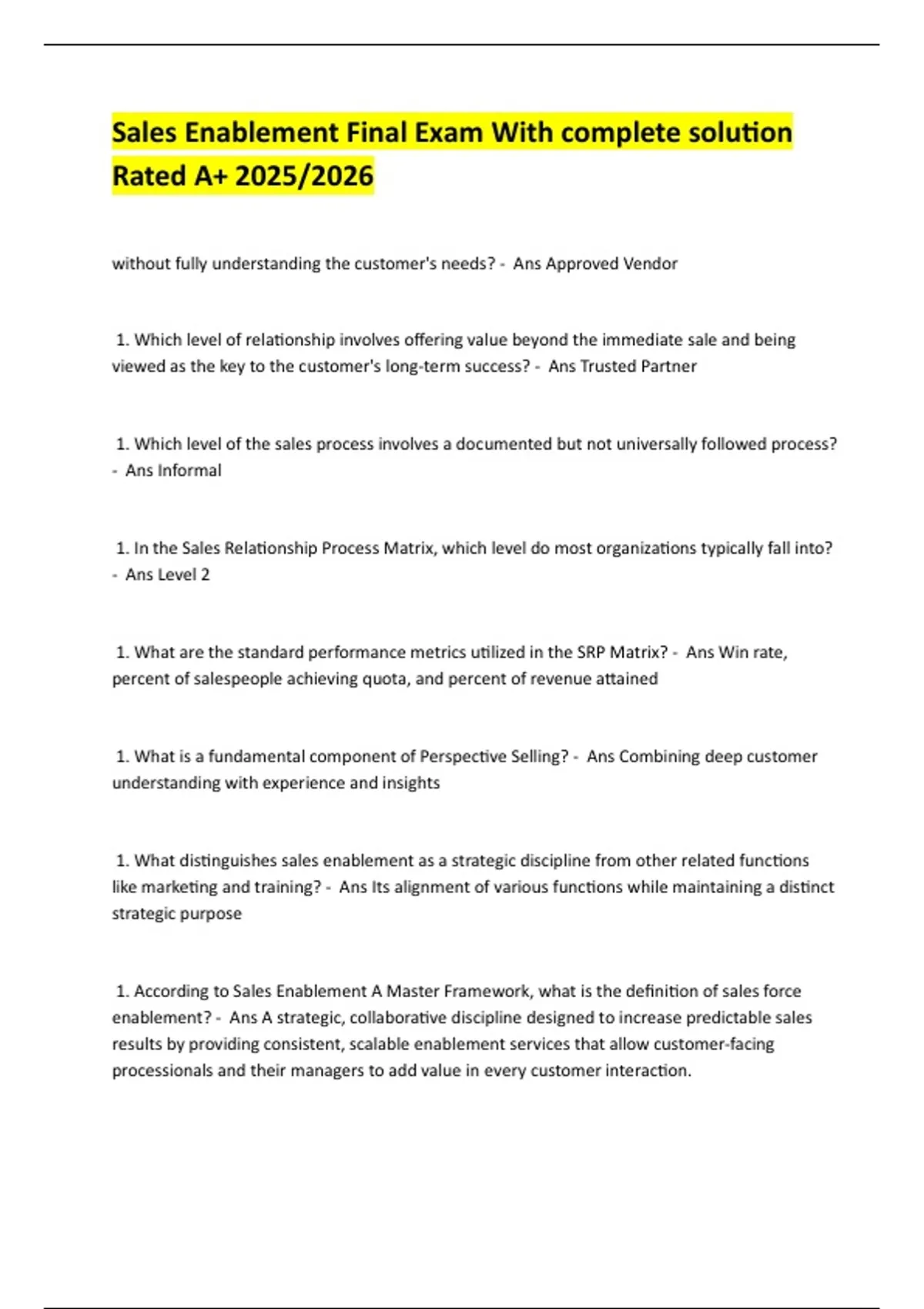 Sales Enablement Final Exam With complete solution Rated A+ 2025/2026 ...