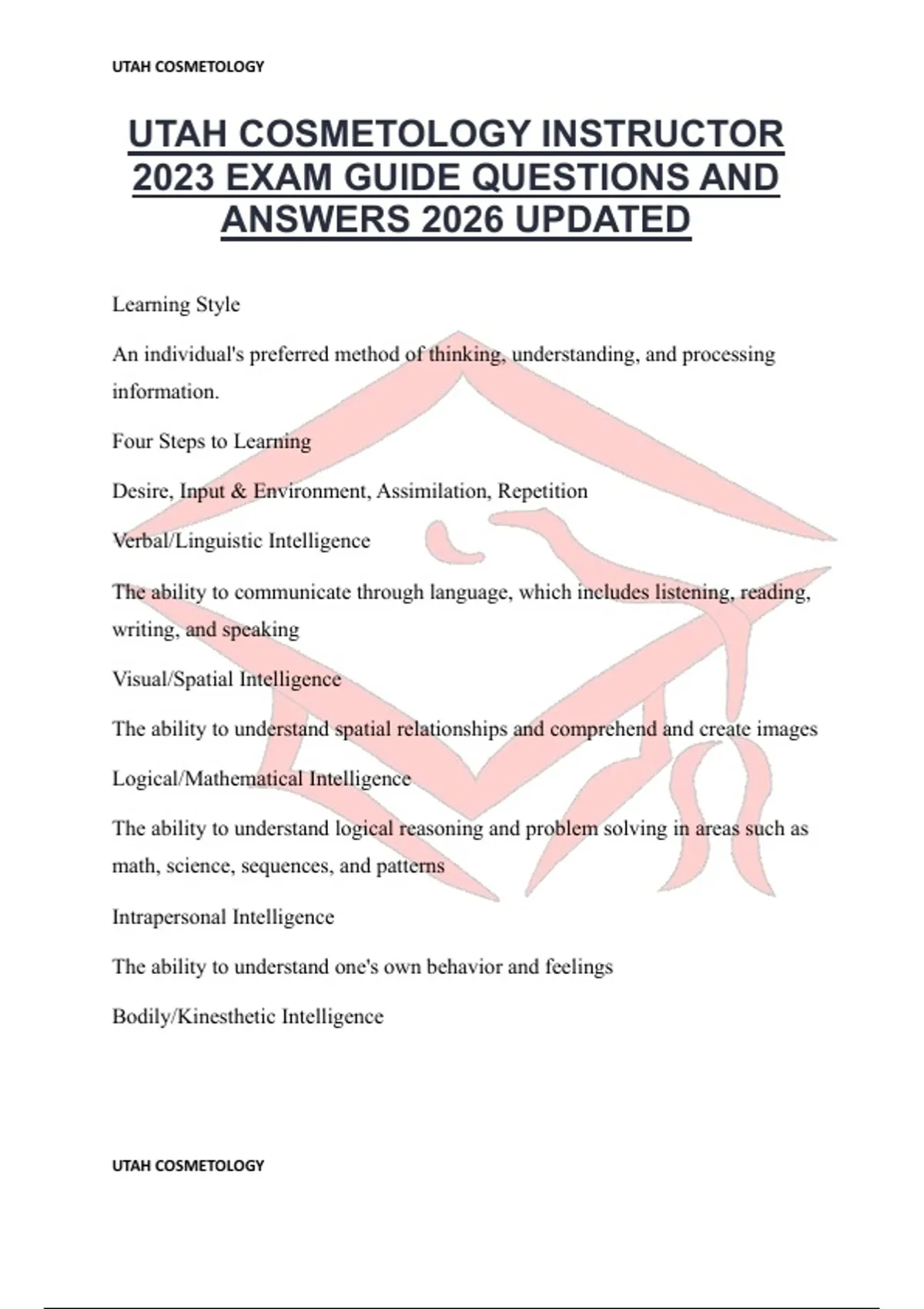 UTAH COSMETOLOGY INSTRUCTOR 2023 EXAM GUIDE QUESTIONS AND ANSWERS 2026 ...