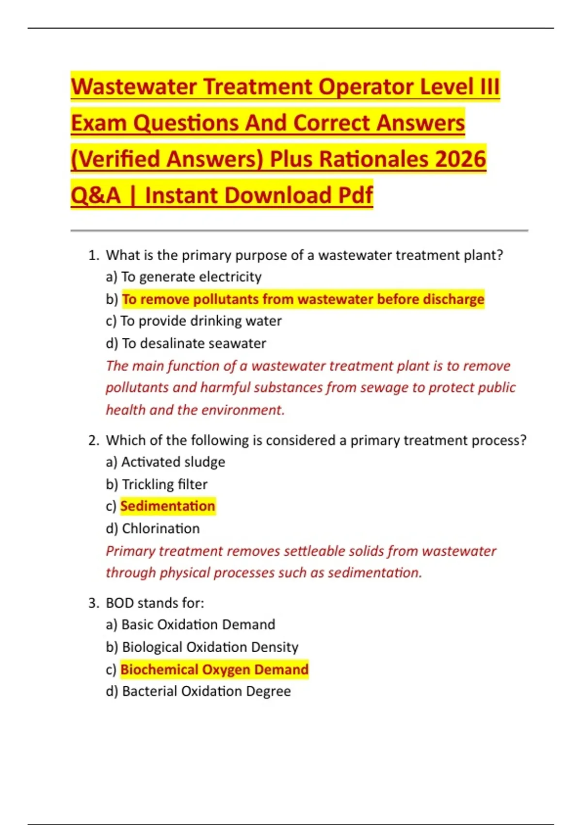 Wastewater Treatment Operator Level III Exam Questions And Correct ...