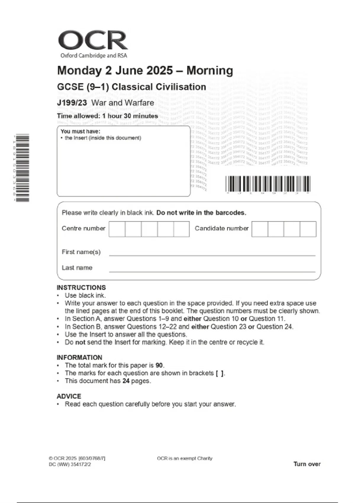 2025 OCR GCSE (9–1) Classical Civilisation J199/23 War and Warfare ...