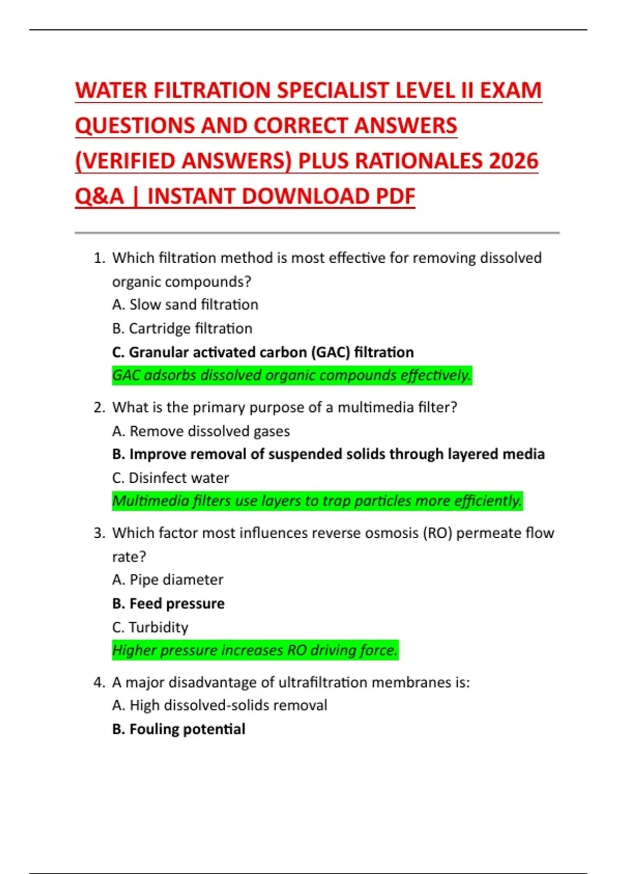 WATER FILTRATION SPECIALIST LEVEL II EXAM QUESTIONS AND CORRECT ANSWERS ...