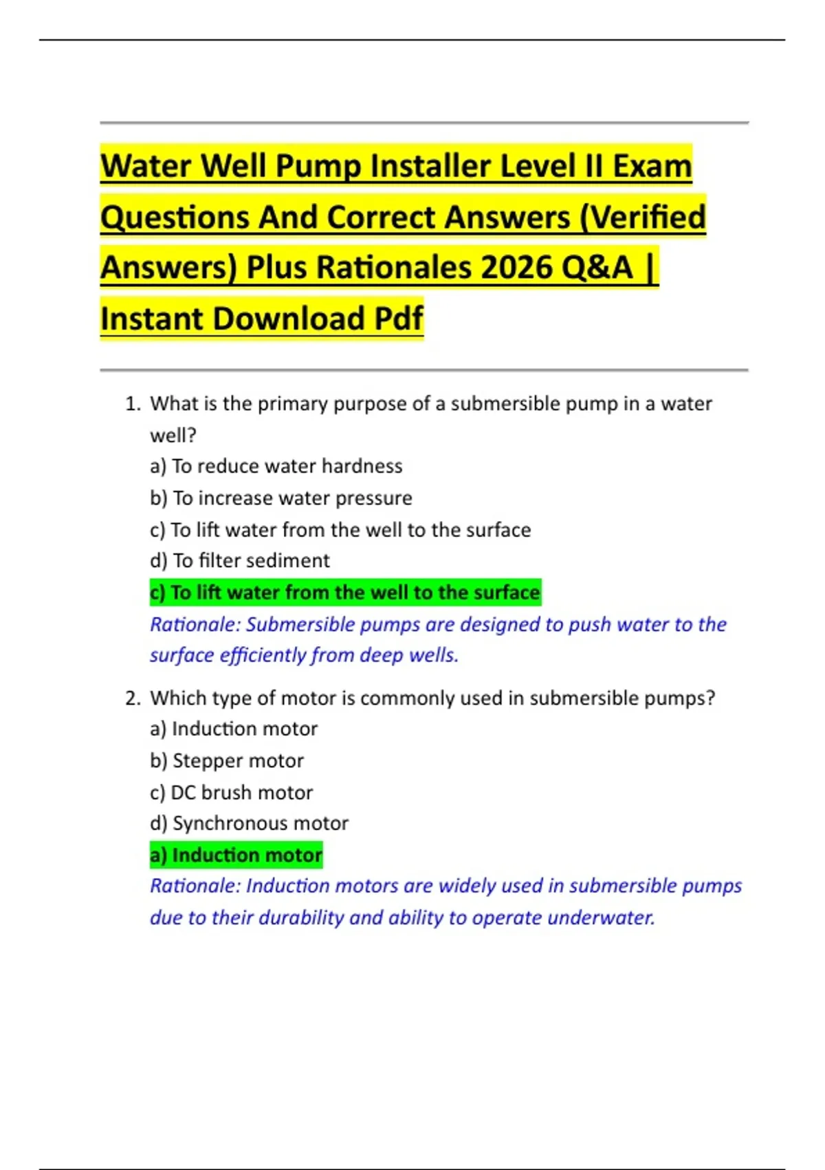 Water Well Pump Installer Level II Exam Questions And Correct Answers ...