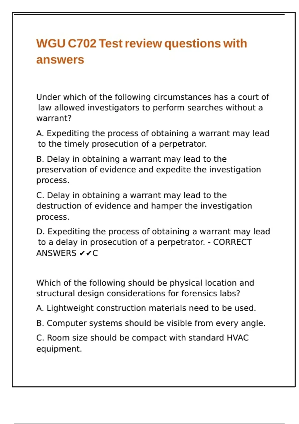 WGU C702 Test review questions with answers - C702 Forensics and ...