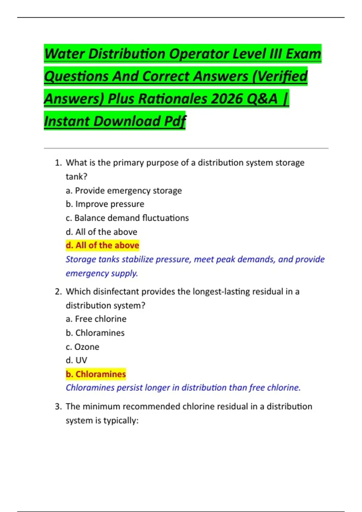Water Distribution Operator Level III Exam Questions And Correct ...