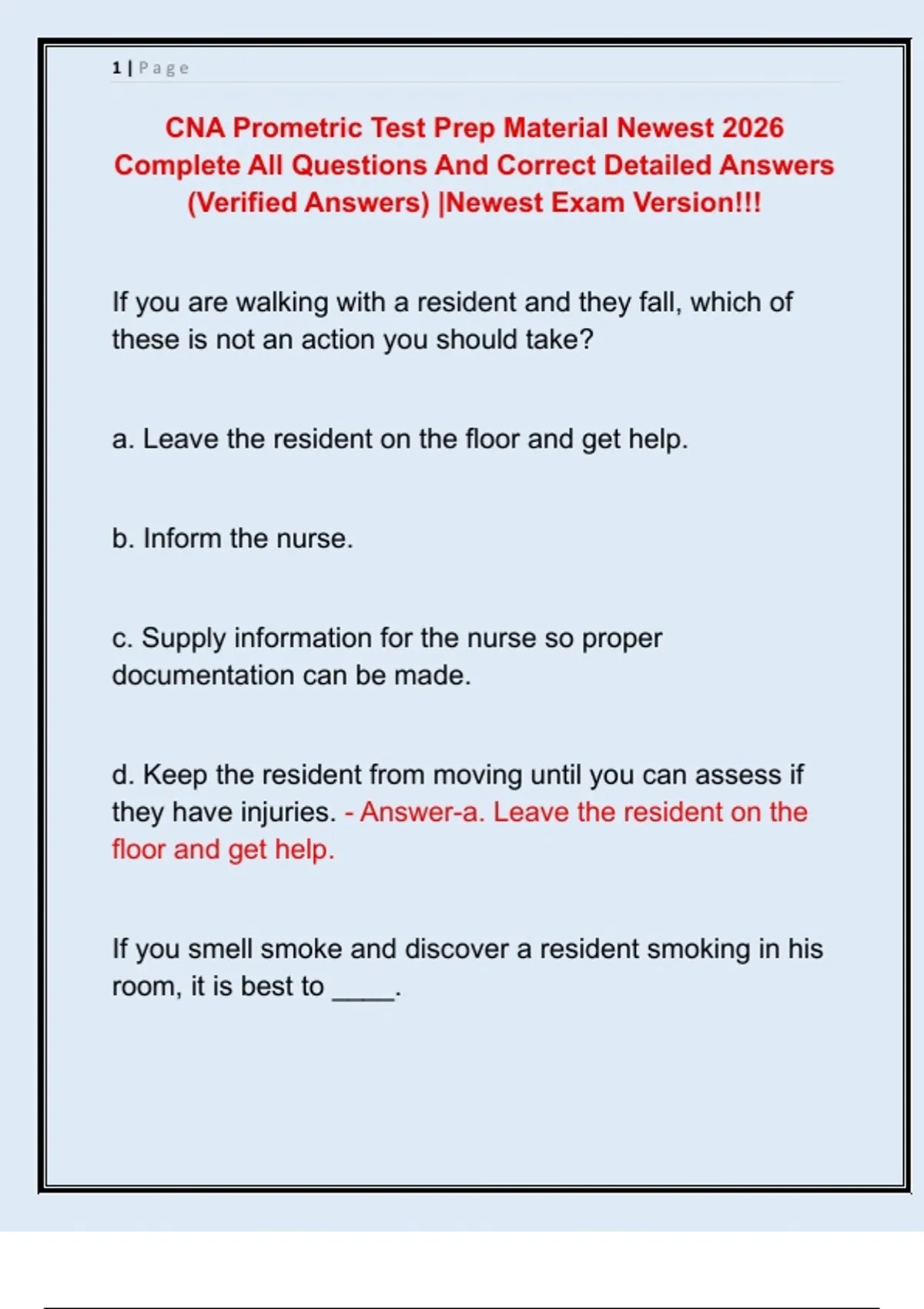 CNA Prometric Test Prep Material Newest 2026 Complete All Questions And ...