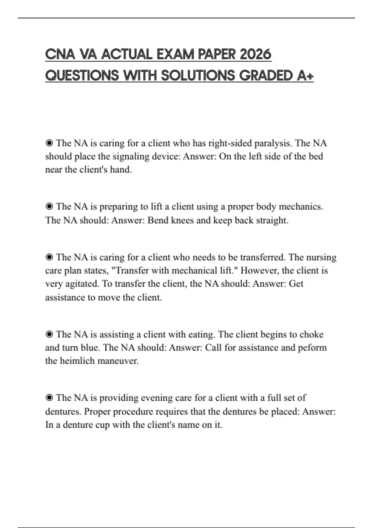 CNA VA ACTUAL EXAM PAPER 2026 QUESTIONS WITH SOLUTIONS GRADED A+ - CNA ...