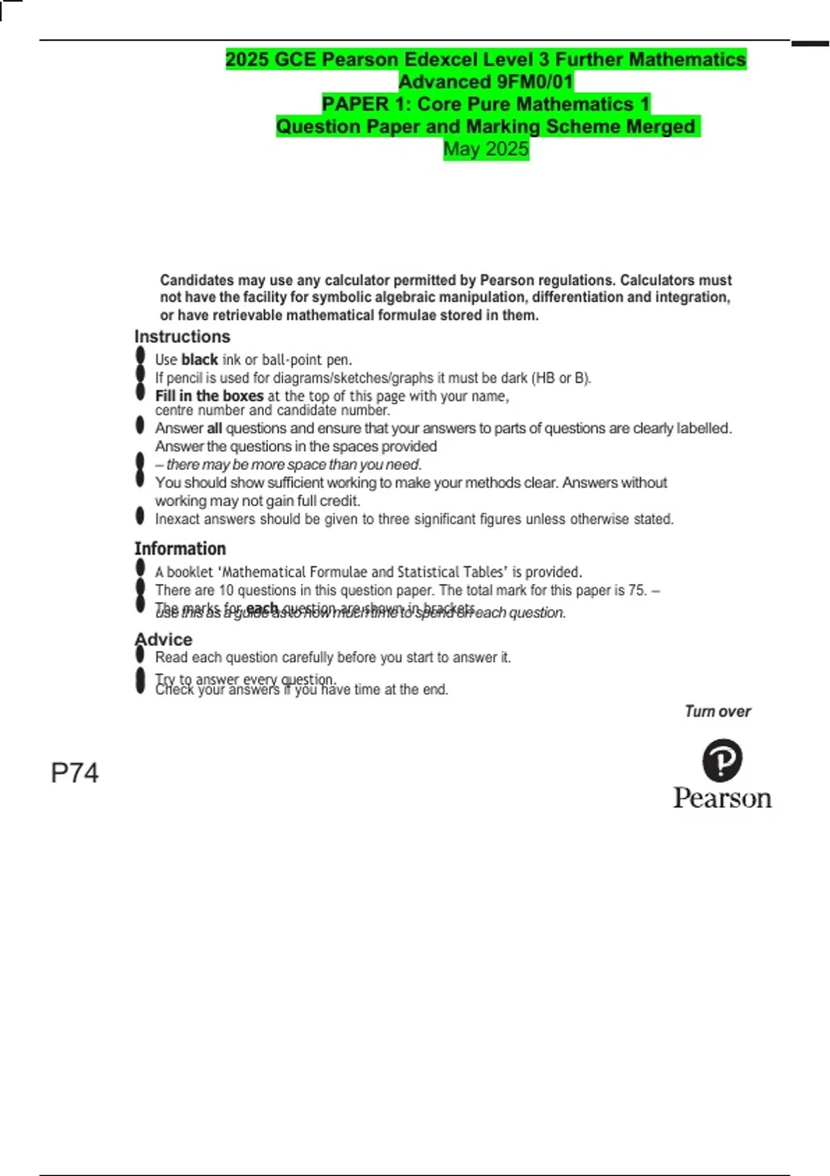 2025 GCE Pearson Edexcel Level 3 Further Mathematics Advanced 9FM0/01 ...