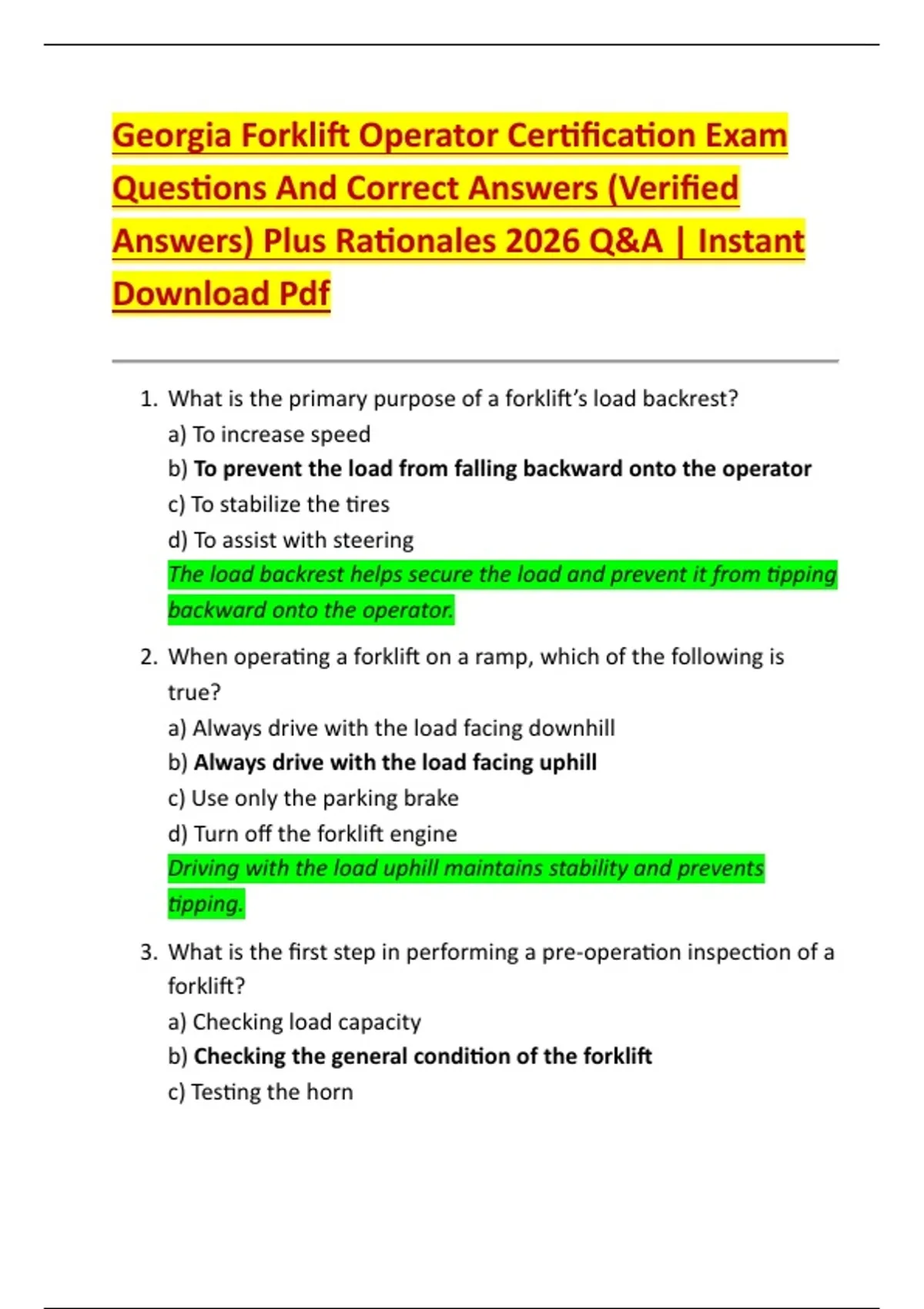 Georgia Forklift Operator Certification Exam Questions And Correct ...