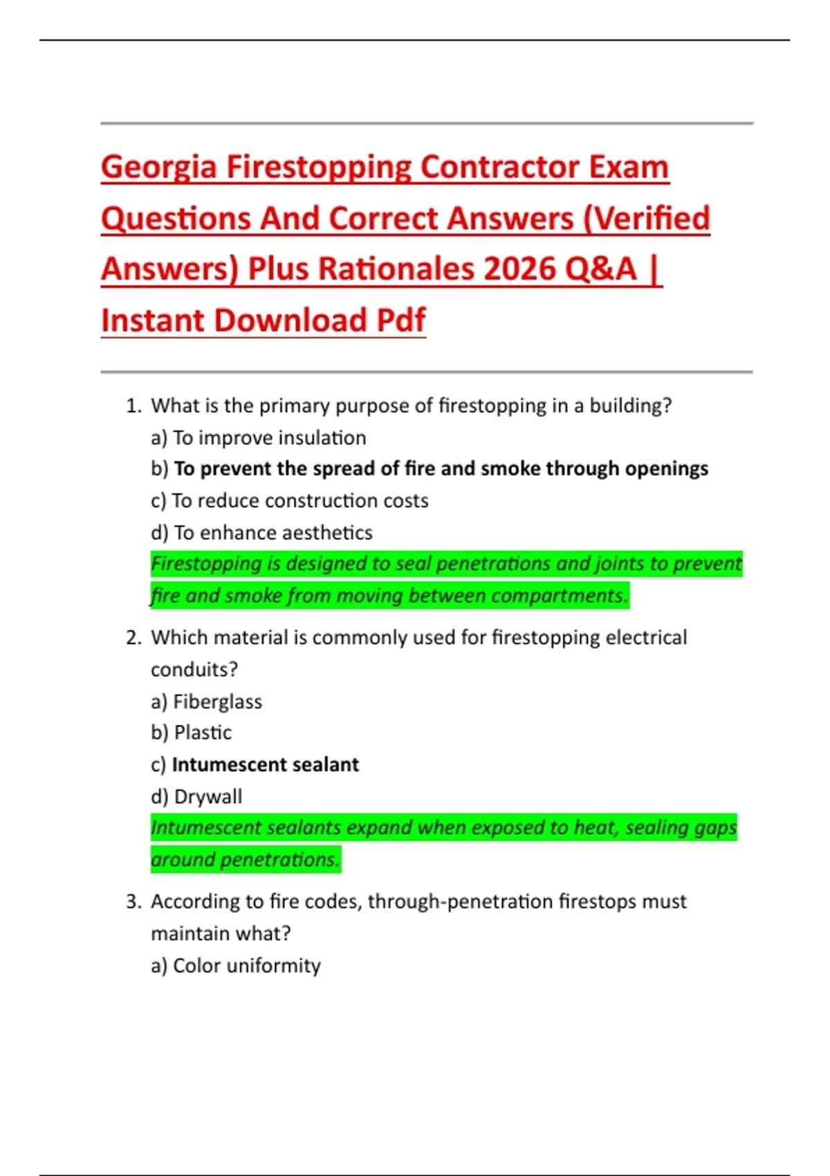 Georgia Firestopping Contractor Exam Questions And Correct Answers ...