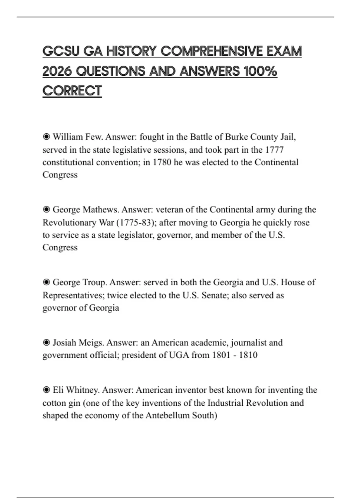 GCSU GA HISTORY COMPREHENSIVE EXAM 2026 QUESTIONS AND ANSWERS 100% ...
