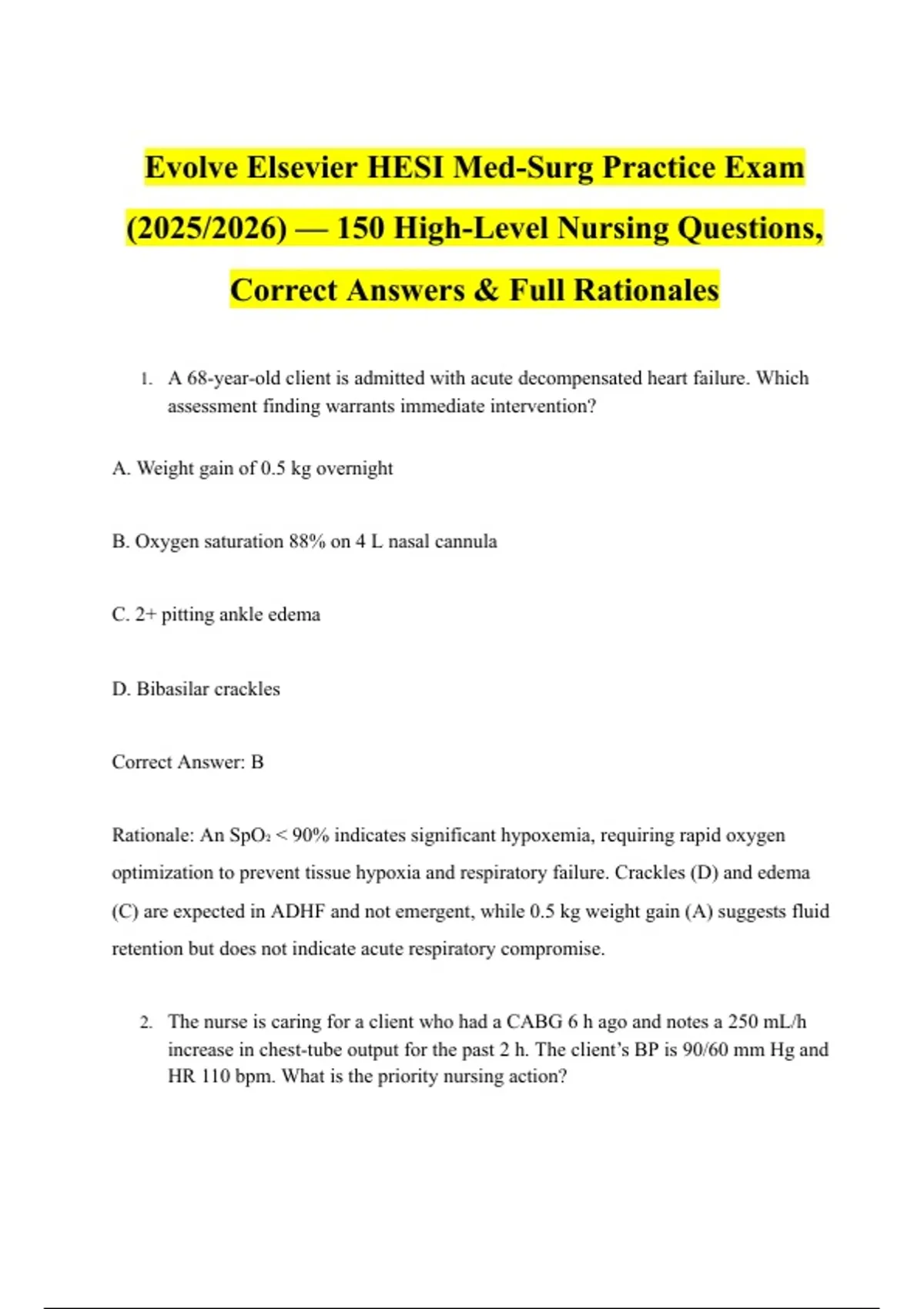 Evolve Elsevier HESI Med-Surg Practice Exam (2025/2026) — 150 High ...