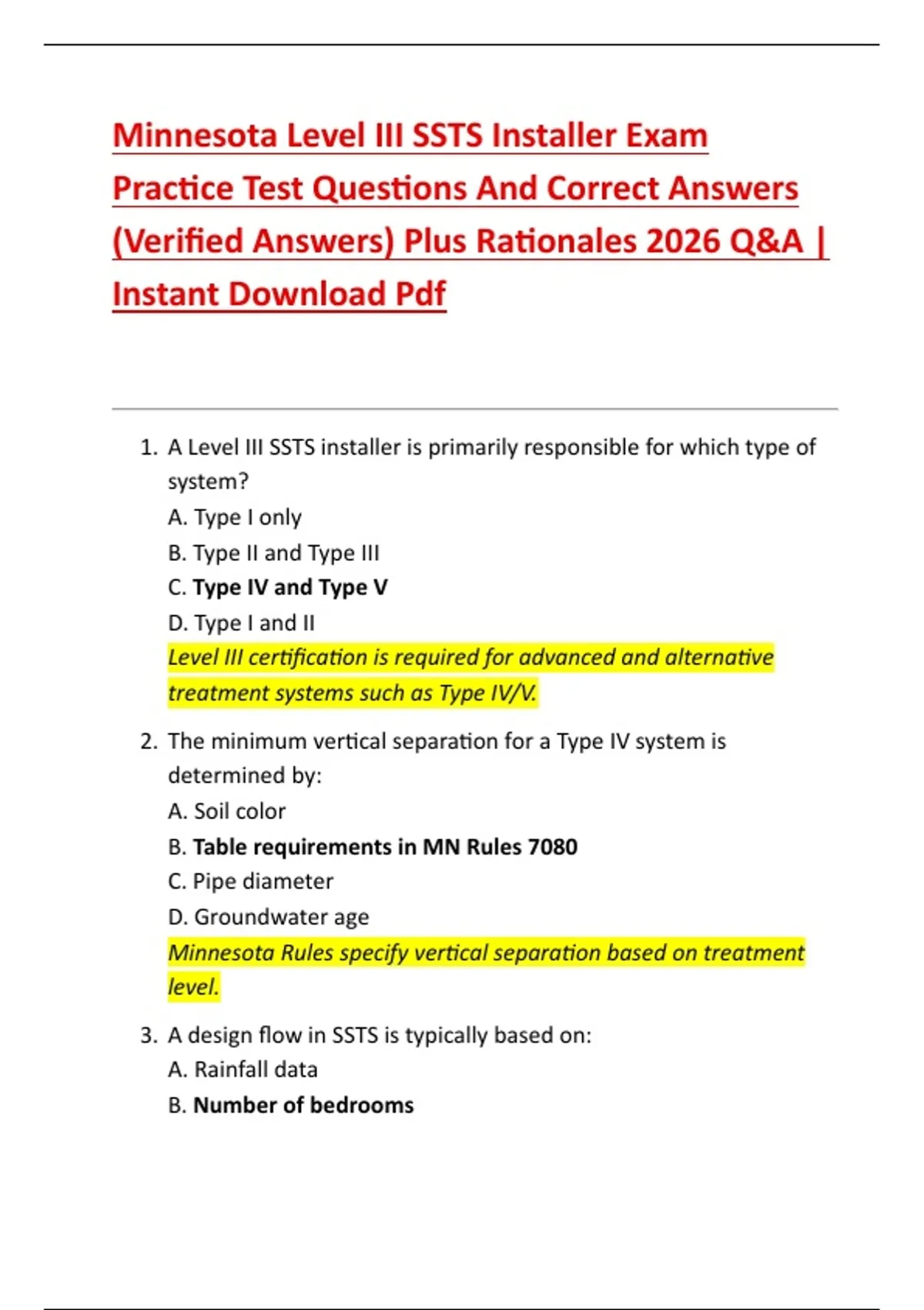 Minnesota Level III SSTS Installer Exam Practice Test Questions And ...