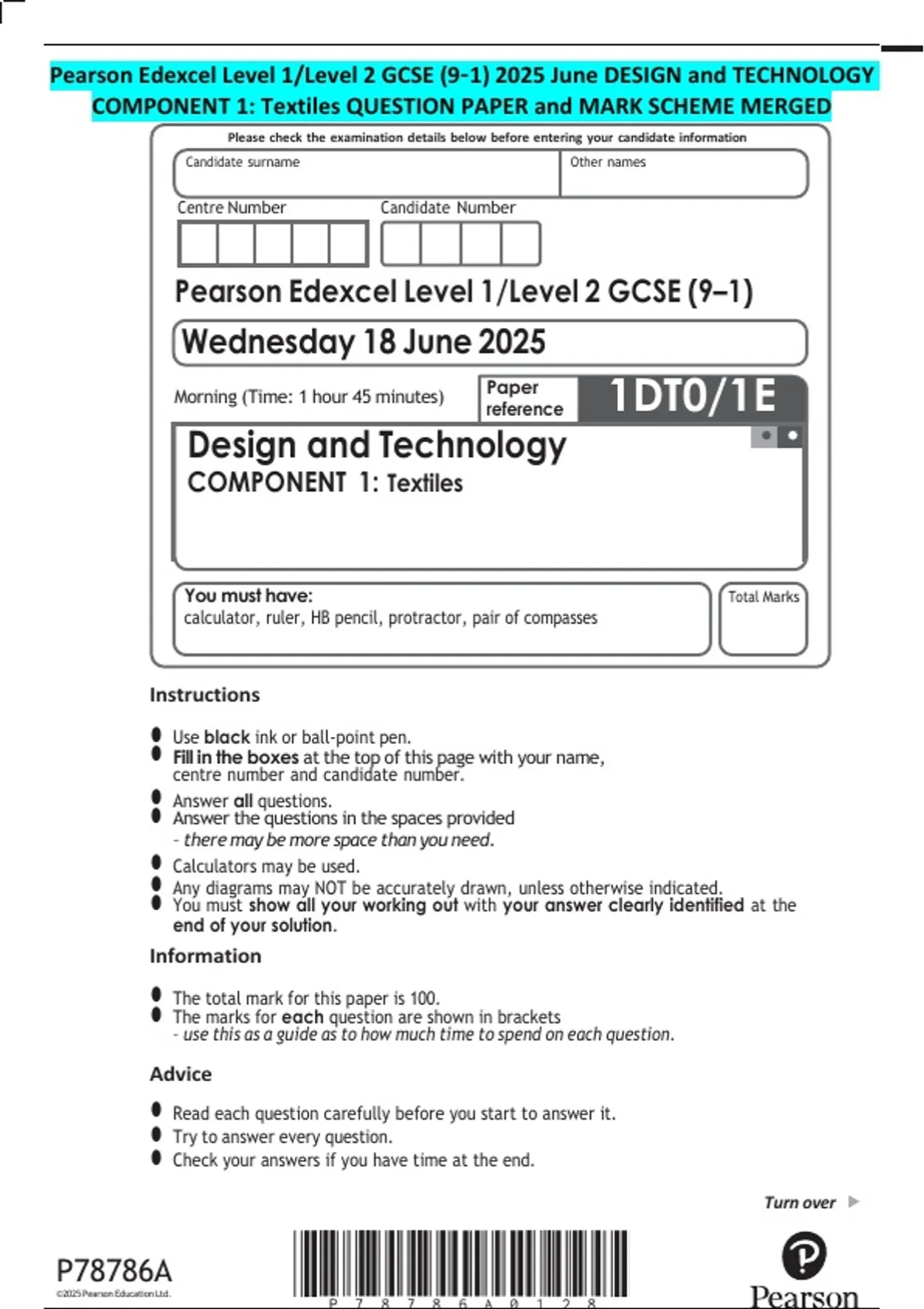 Pearson Edexcel Level 1/Level 2 GCSE (9–1) 2025 June DESIGN and ...