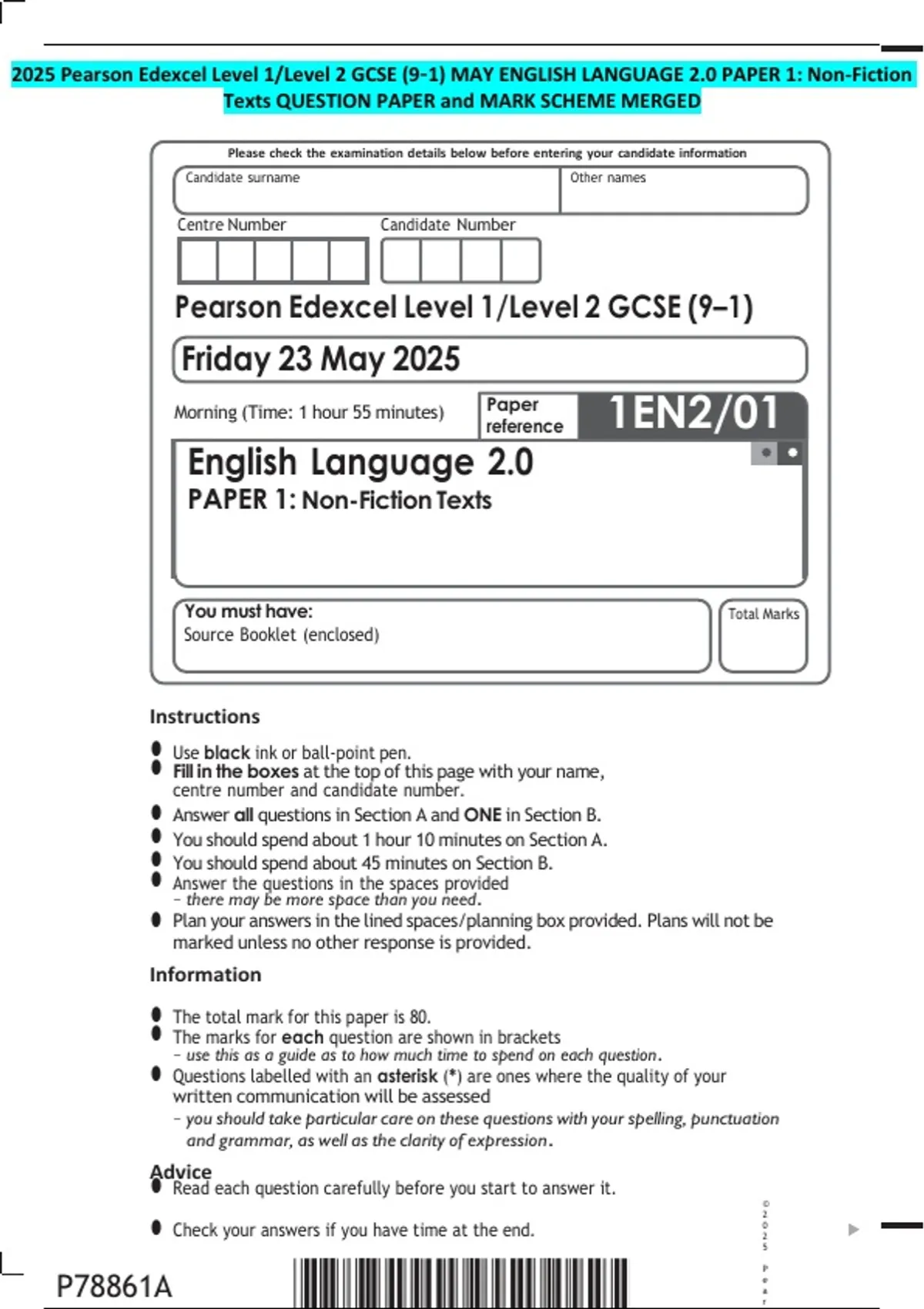 2025 Pearson Edexcel Level 1/Level 2 GCSE (9–1) MAY ENGLISH LANGUAGE 2. ...