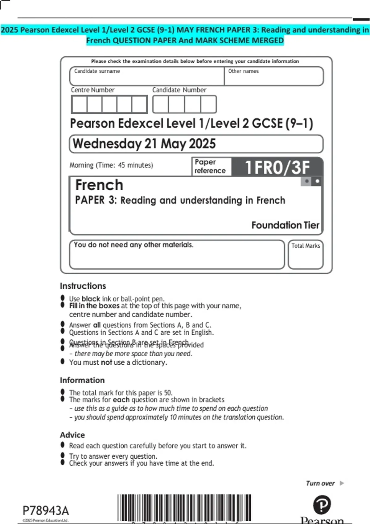 2025 Pearson Edexcel Level 1/Level 2 GCSE (9–1) MAY FRENCH PAPER 3 ...