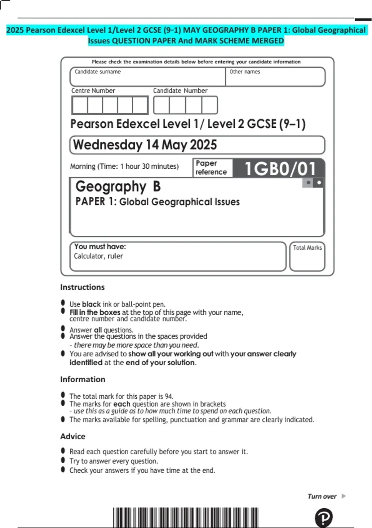 2025 Pearson Edexcel Level 1/Level 2 GCSE (9–1) MAY GEOGRAPHY B PAPER 1 ...