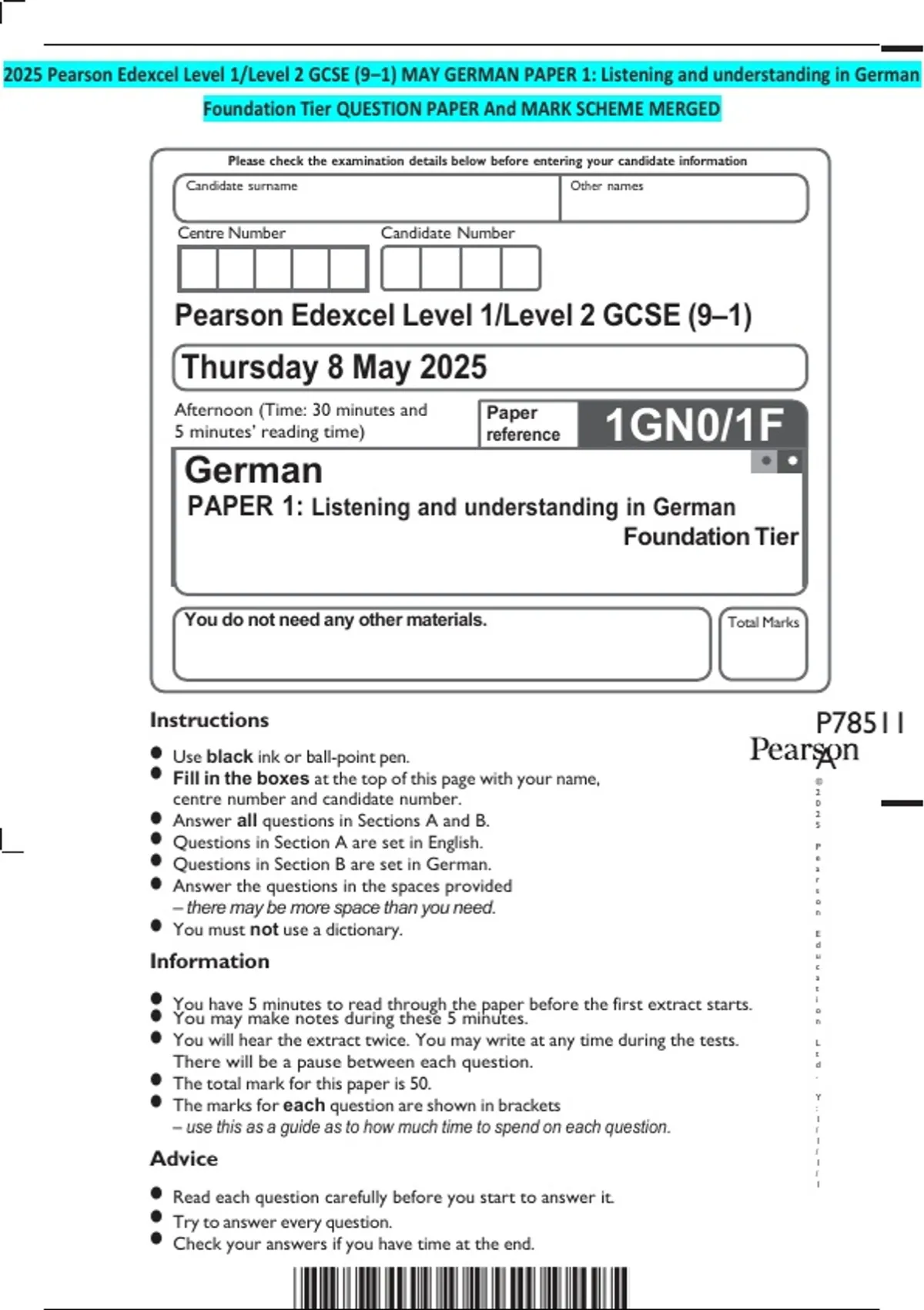 2025 Pearson Edexcel Level 1/Level 2 GCSE (9–1) MAY GERMAN PAPER 1 ...