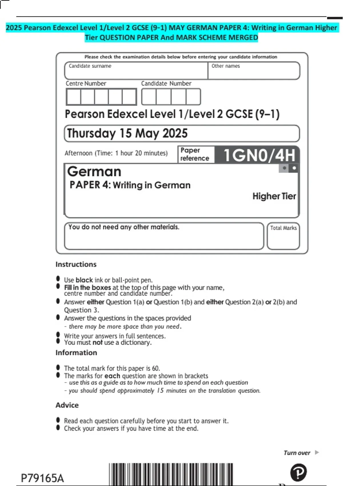 2025 Pearson Edexcel Level 1/Level 2 GCSE (9–1) MAY GERMAN PAPER 4 ...