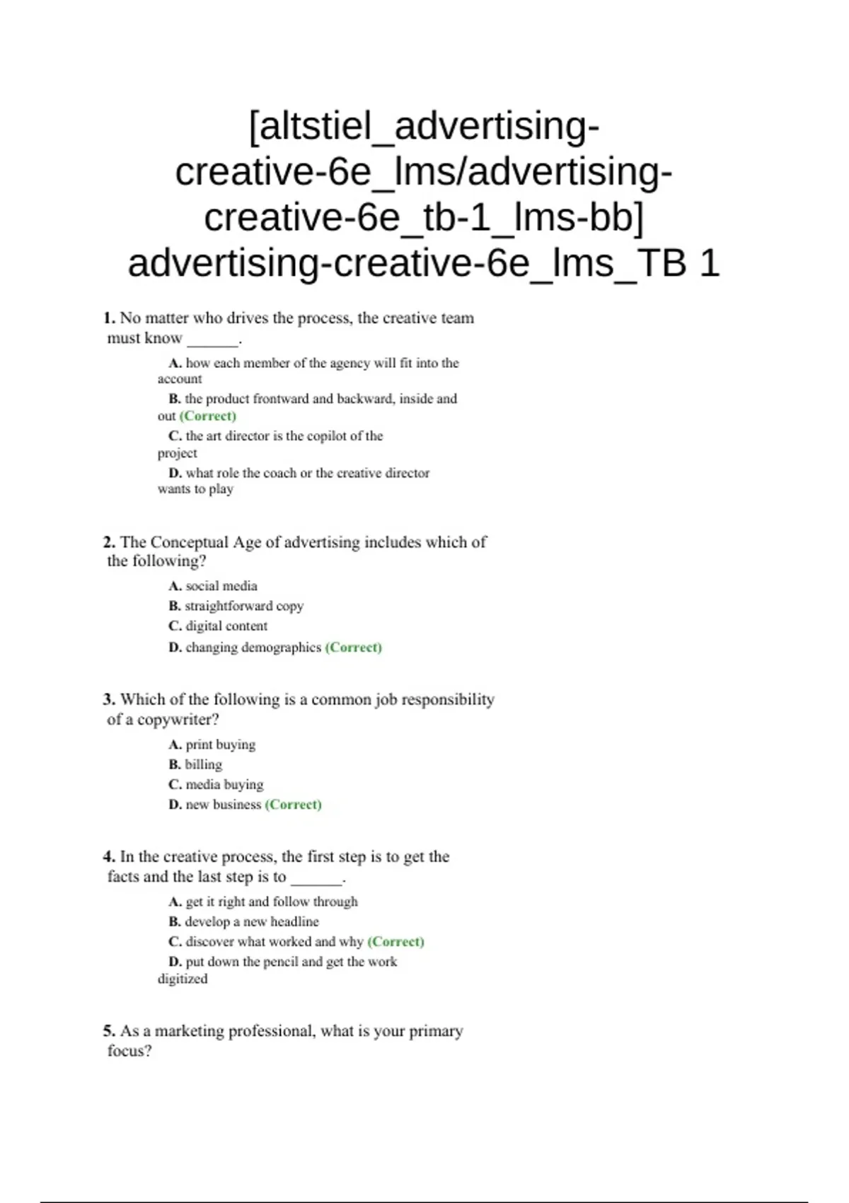 practice test bank questions, final exam : Advertising Creative ...