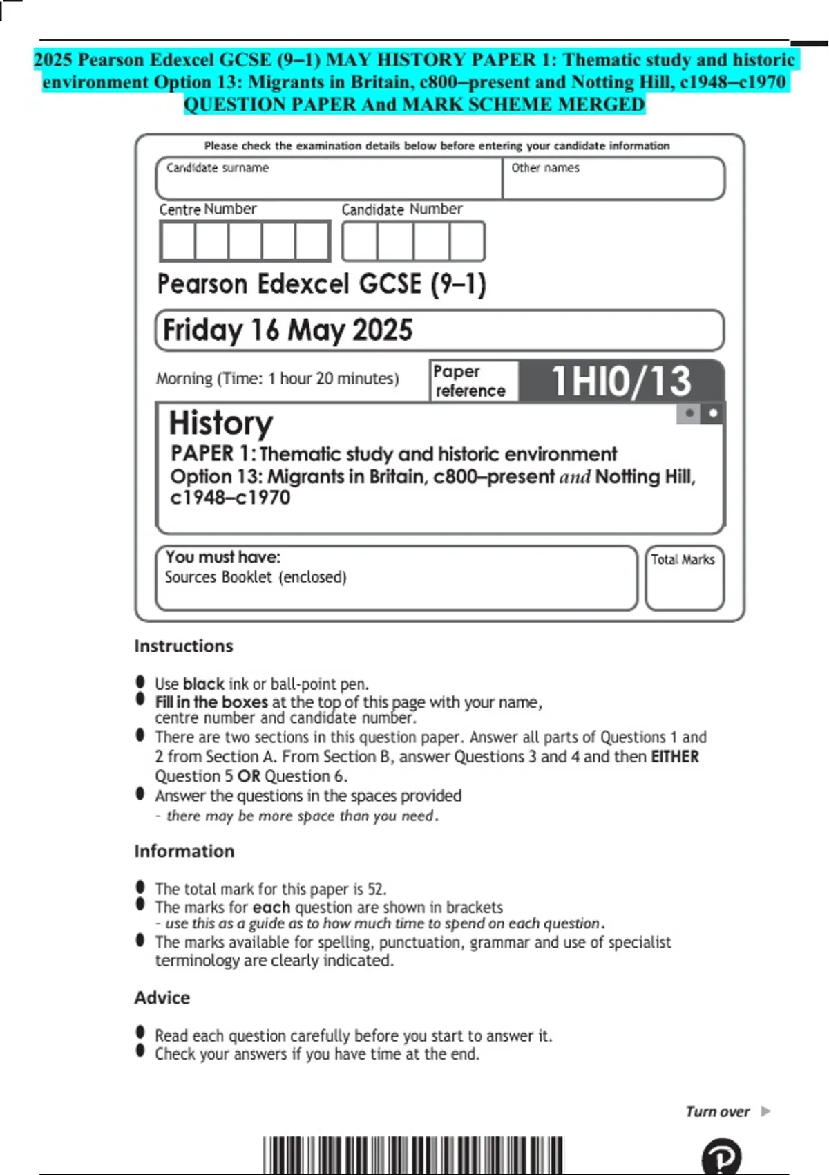 2025 Pearson Edexcel GCSE (9–1) MAY HISTORY PAPER 1: Thematic study and ...