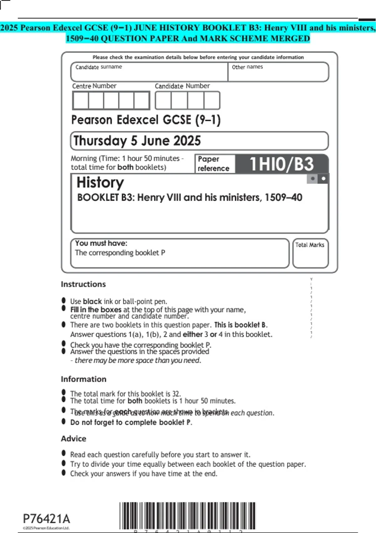 2025 Pearson Edexcel GCSE (9–1) JUNE HISTORY BOOKLET B3: Henry VIII and ...