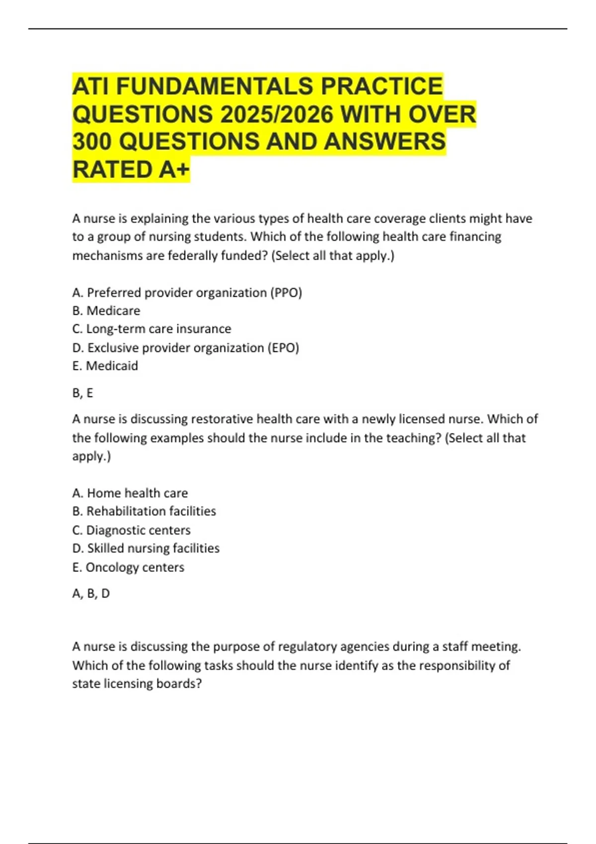 ATI Fundamentals Practice Test Bank 2025/2026 | 300 Accurate Questions ...