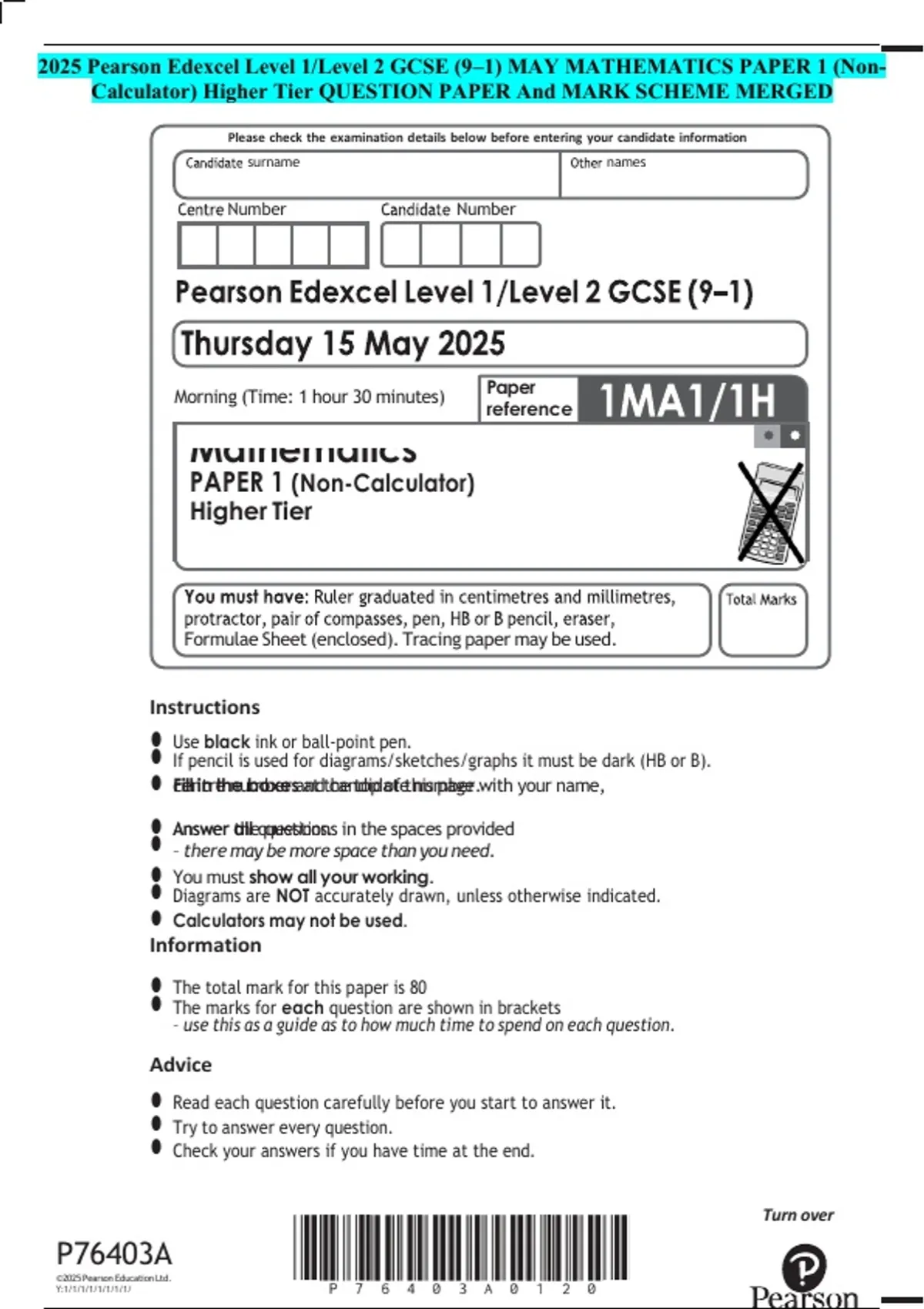 2025 Pearson Edexcel Level 1/Level 2 GCSE (9–1) MAY MATHEMATICS PAPER 1 ...