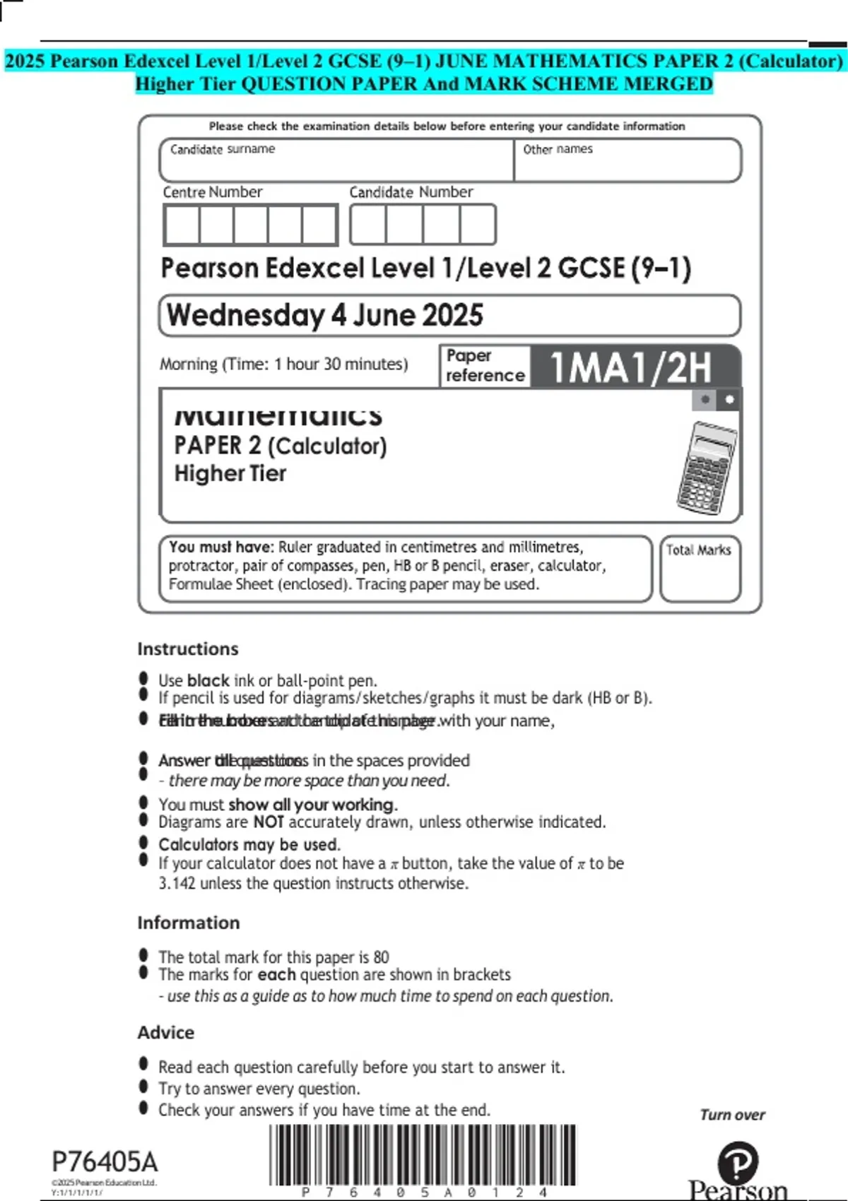 2025 Pearson Edexcel Level 1/Level 2 GCSE (9–1) JUNE MATHEMATICS PAPER ...